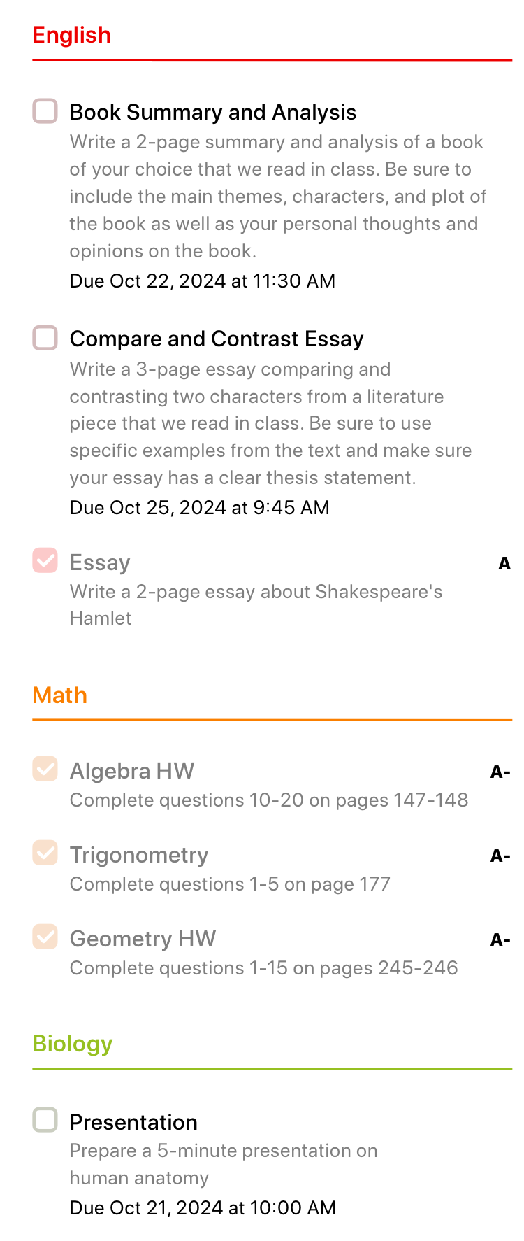 Subjects — student planner app for iPhone, iPad, and Mac